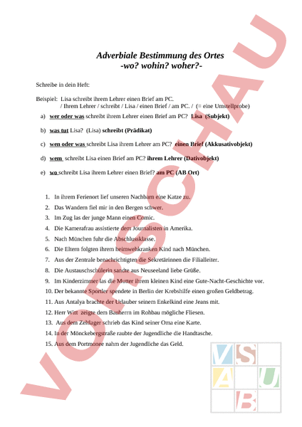 Arbeitsblatt: Adverbiale Bestimmung des Ortes + Satzglieder - Deutsch ...