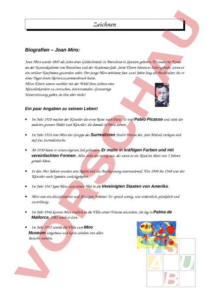 Arbeitsblatt: Miro - Bildnerisches Gestalten - Anderes Thema