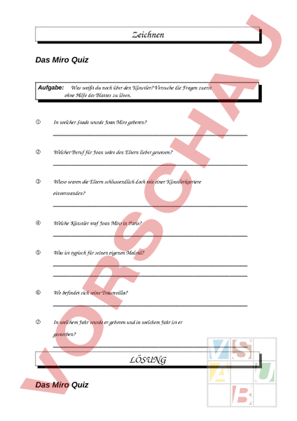 Arbeitsblatt: Miro Frageblatt - Bildnerisches Gestalten - Anderes Thema