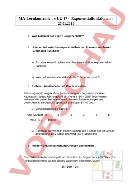 Arbeitsblatt: Lernkontrolle exponentialfunktionen - Mathematik - Anderes Thema