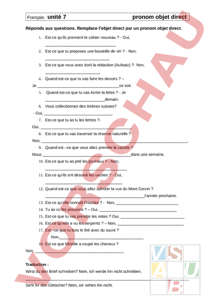 Arbeitsblatt: unité 7 Pronom objet direct - Französisch - Lehrmittel