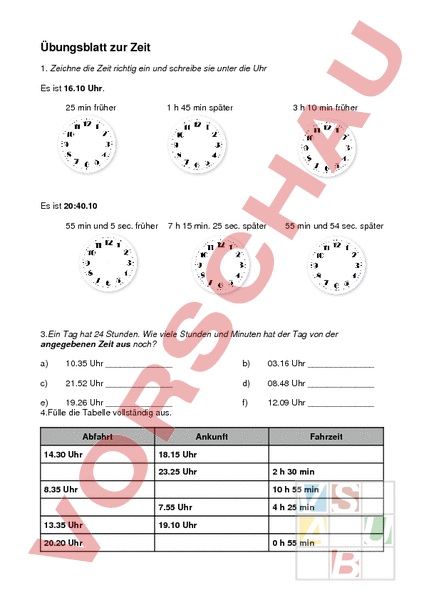 Arbeitsblatt: Übungen zum Thema Zeit - Mathematik - Gemischte Themen