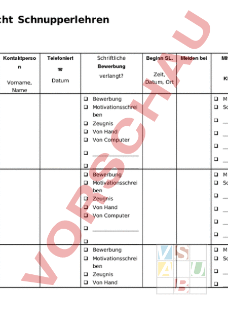 Arbeitsblatt: überischt Schnupperlehren - Lebenskunde - Berufswahl