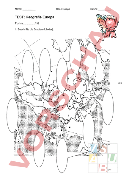 Arbeitsblatt: Europa Länder und Hauptstädte Test - Geographie - Europa