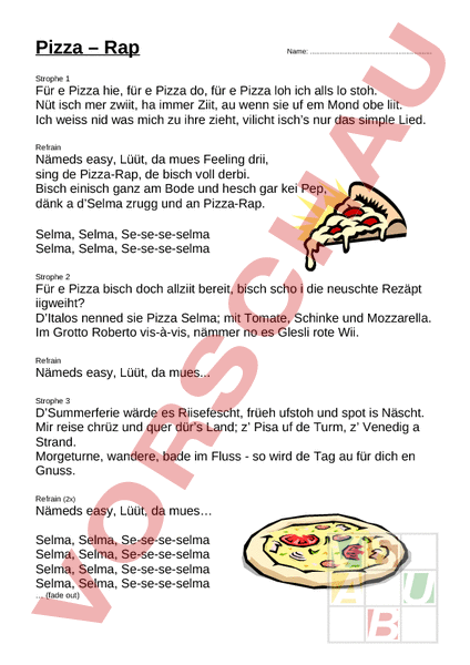 Arbeitsblatt: Pizza-rap - Musik - Singen / Lieder