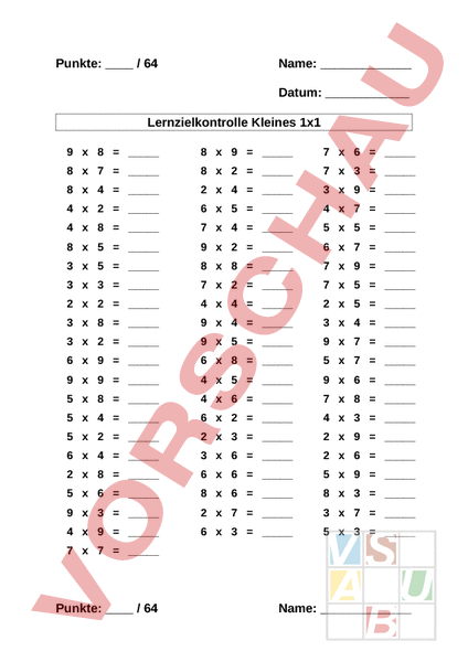 Arbeitsblatt: LZK_Prüfung_1x1 - Mathematik - Multiplikation