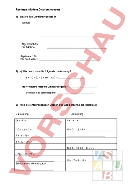 Arbeitsblatt: Rechnen mit dem Distributivgesetz - Mathematik - Algebra