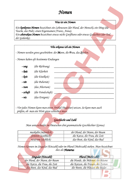 Arbeitsblatt: Nomen - Deutsch - Grammatik