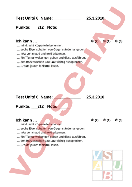 Arbeitsblatt: Testblatt Unité 6 - Französisch - Gemischte Themen