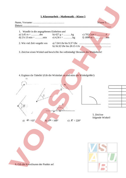 Arbeitsblatt: Klassenarbeit 5 - Mathematik - Gemischte Themen