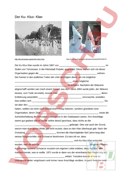 Arbeitsblatt: Ku Klux Klan - Geschichte - Neuzeit
