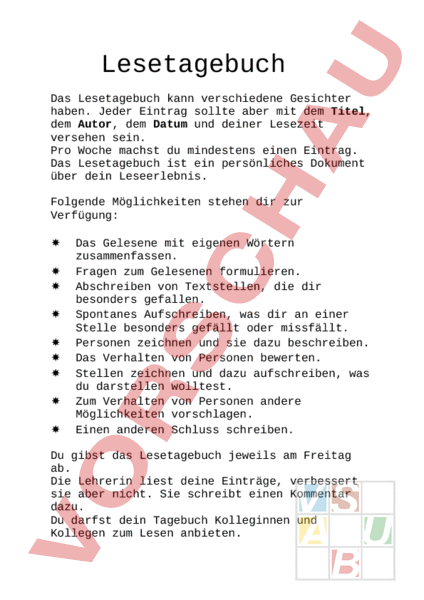 Arbeitsblatt: Lesetagebuch - Deutsch - Leseförderung / Literatur