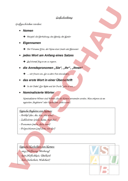 Arbeitsblatt: Übersicht Großschreibung - Deutsch - Rechtschreibung