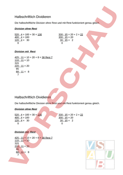 Arbeitsblatt: Halbschriftliche Division - Mathematik - Division