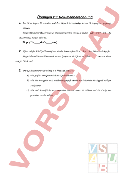Arbeitsblatt: Übungen zur Volumenberechnung - Geometrie - Körper / Figuren