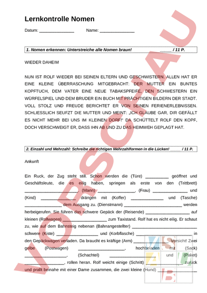 Arbeitsblatt: Lernkontrolle Nomen - Deutsch - Grammatik