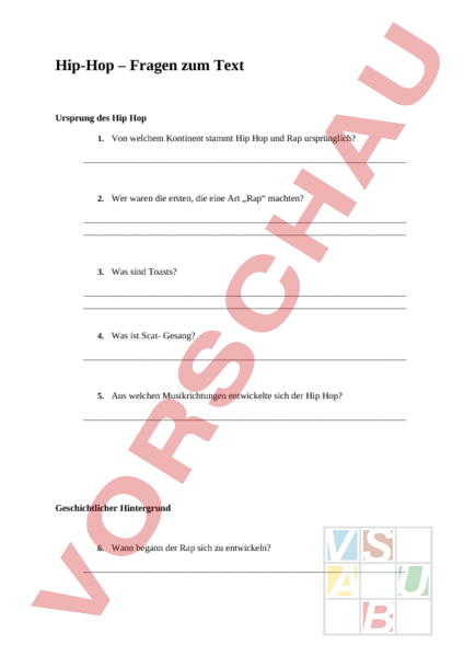 Arbeitsblatt: Fragen zum Thema Hip Hop - Musik - Musikgschichte