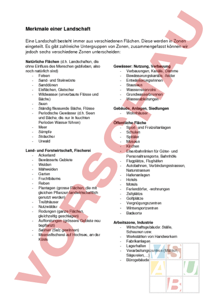 Arbeitsblatt: Zonenplan: Merkmale einer Landschaft - Geographie ...