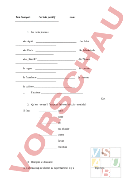 Arbeitsblatt: Unité 3 Test article partitif - Französisch - Grammatik