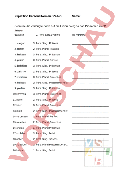 Arbeitsblatt: Personalformen / Zeiten - Deutsch - Grammatik