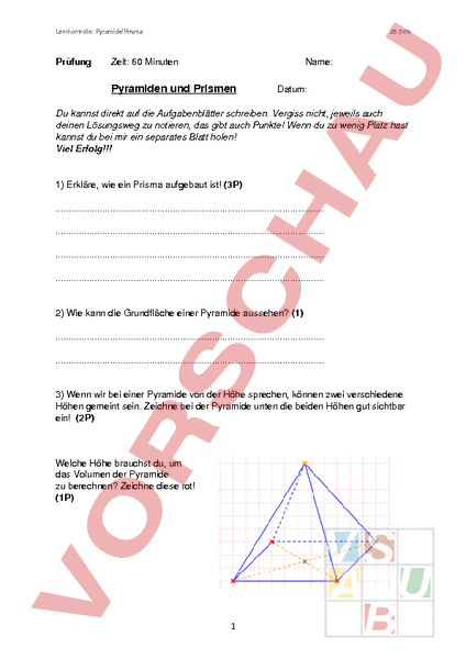 Arbeitsblatt: Prüfung Pyramiden und Prismen - Geometrie - Körper / Figuren