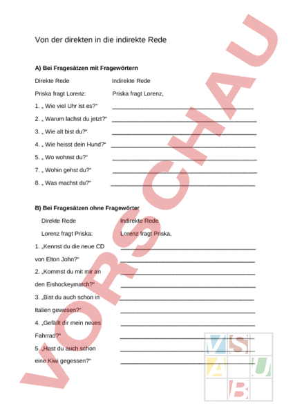 Arbeitsblatt: Von der direkten in die indirekte Rede - Deutsch - Grammatik