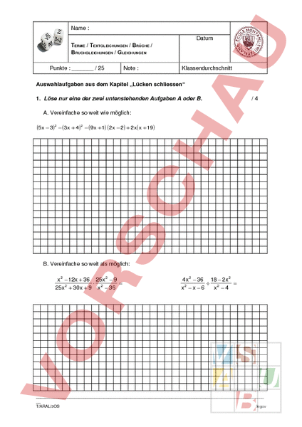 Arbeitsblatt: Matheprüfung - Mathematik - Gemischte Themen