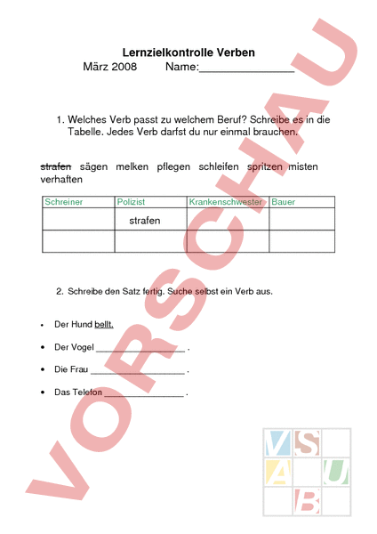 Arbeitsblatt: Lernziel Verben - Deutsch - Grammatik