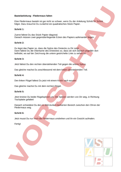 Arbeitsblatt: Bastelanleitung Fledermaus - Deutsch - Textverständnis