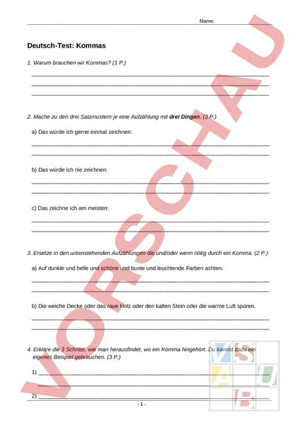 Arbeitsblatt: Lernkontrolle Kommasetzung - Deutsch - Rechtschreibung