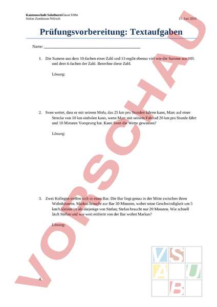 Arbeitsblatt: Textgleichungen - Mathematik - Gleichungen / Ungleichungen
