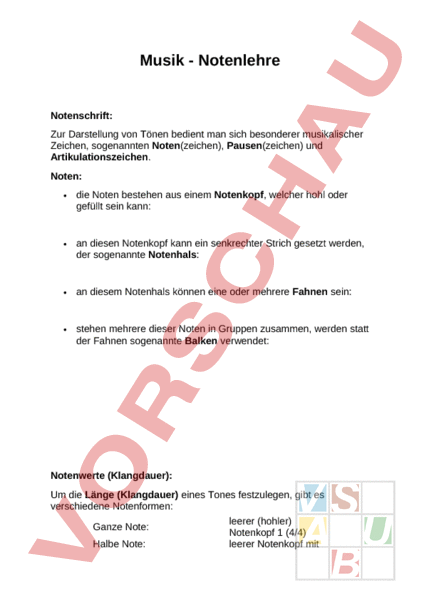 Arbeitsblatt: Notenlehre - Musik - Musiktheorie / Noten