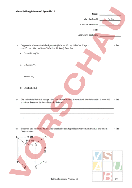 Arbeitsblatt: Prismen und Pyramide - Geometrie - Körper / Figuren