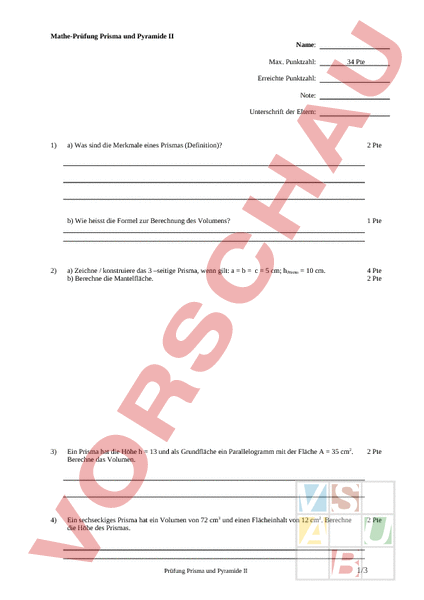 Arbeitsblatt: Prismen und Pyramide - Geometrie - Körper / Figuren