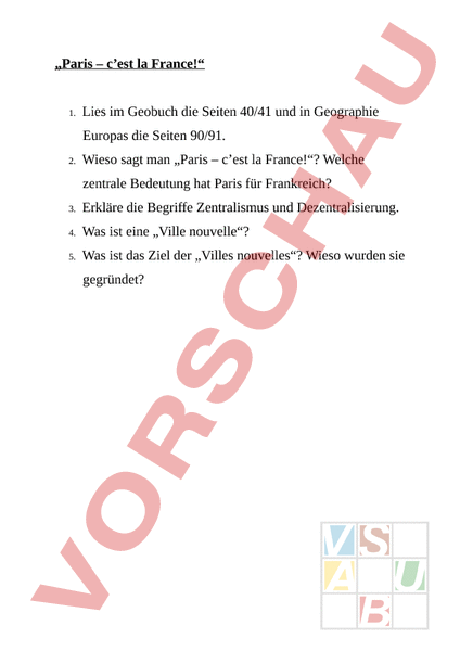 Arbeitsblatt: Paris c'est la France - Geographie - Europa