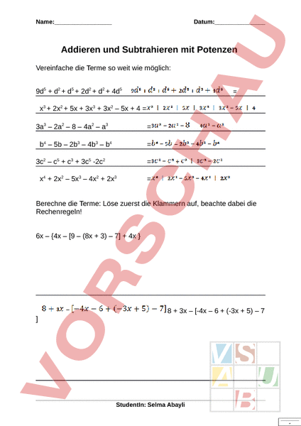 Arbeitsblatt: Terme - Mathematik - Algebra