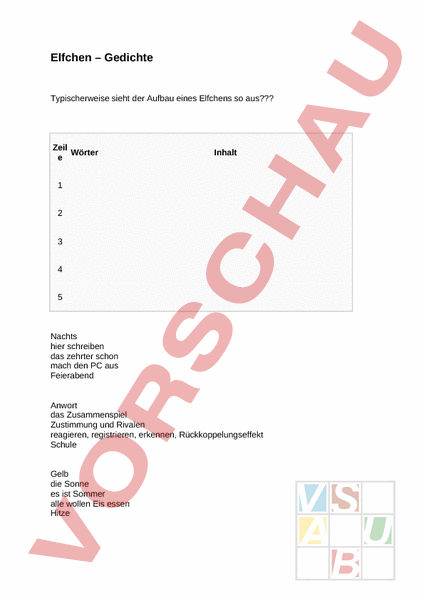 Arbeitsblatt: Elfchen Gedichte - Deutsch - Texte schreiben