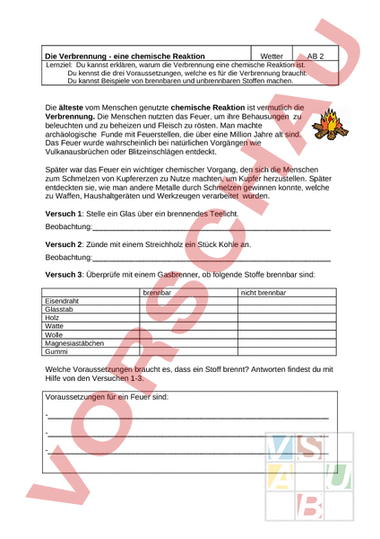 Arbeitsblatt: Verbrennung eine chemische Reaktion - Chemie - Gemischte ...