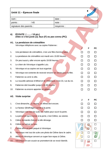 Arbeitsblatt: Envol: Epreuve unité 11 - Französisch - Lehrmittel