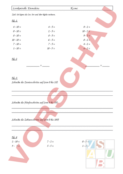 Arbeitsblatt: 1x1 Test - Mathematik - Multiplikation
