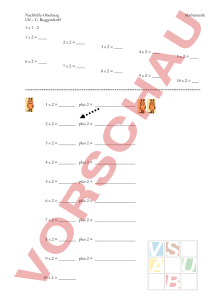 Arbeitsblatt: 1 x 1 - zweier Reihe - Mathematik - Multiplikation