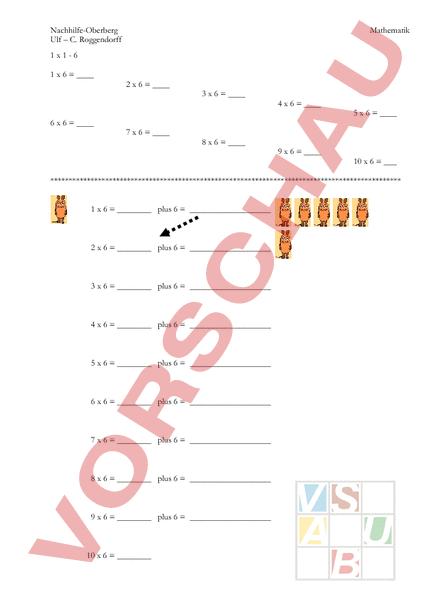 Arbeitsblatt: 1 x 1 - sechser Reihe - Mathematik - Multiplikation
