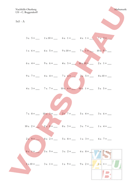 Arbeitsblatt: 1 x 1 - Gemischt Teil 1 - Mathematik - Multiplikation