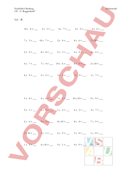 Arbeitsblatt: 1 x 1 - Gemischt Teil 2 - Mathematik - Multiplikation
