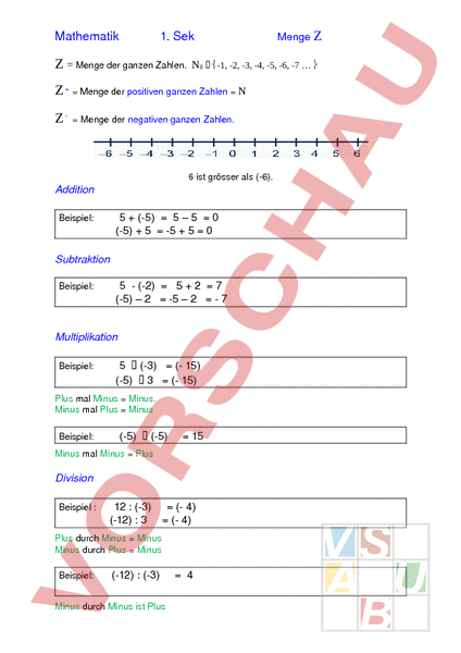 Arbeitsblatt: Theorie Rechnen in der Menge Z - Mathematik - Anderes Thema