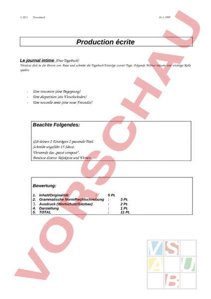 Arbeitsblatt: Production écrite - Französisch - Texte schreiben