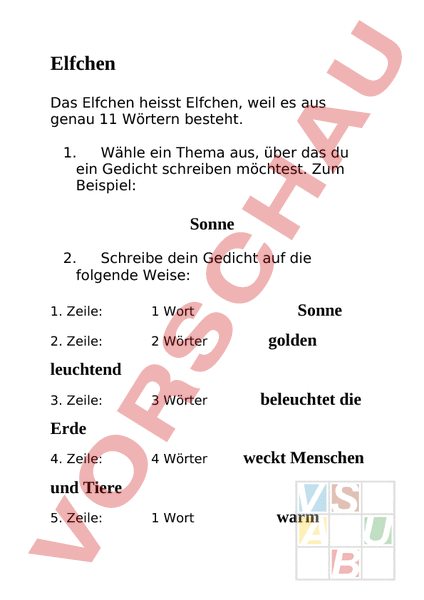 Arbeitsblatt: Elfchen - Deutsch - Texte schreiben