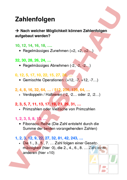 Arbeitsblatt: Zahlenfolgen - Mathematik - Zahlensysteme