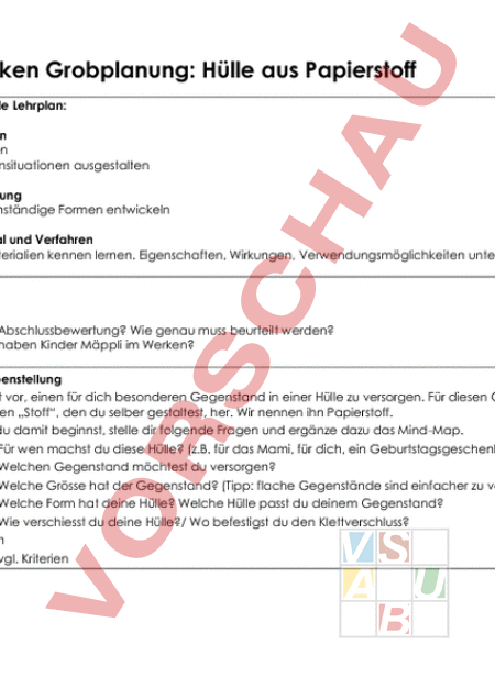 Arbeitsblatt: Werken Grobplanung: Hülle aus Papierstoff - Werken ...