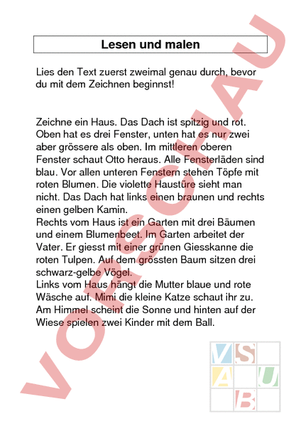 Arbeitsblatt: Lesen und Malen - Deutsch - Lesefertigkeit